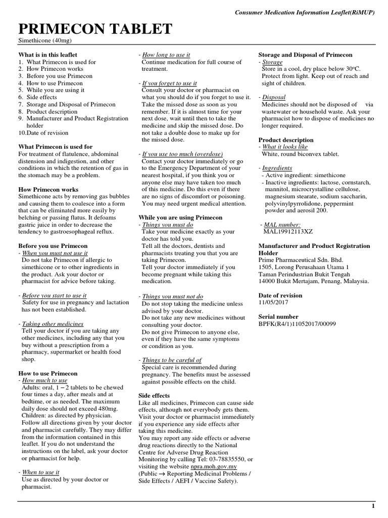Primecon Tablet Simethicone Prime Pharmaceutical SDN BHD 11 MAY 2017 ...