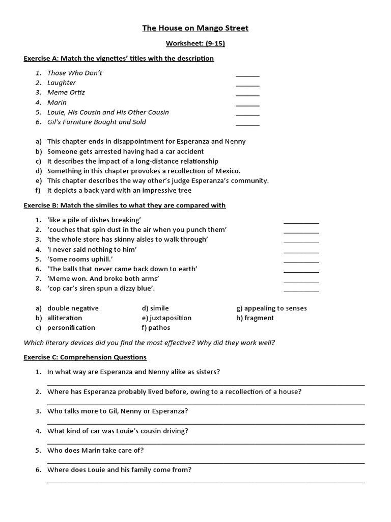 The House on Mango Street worksheet analysis | PDF