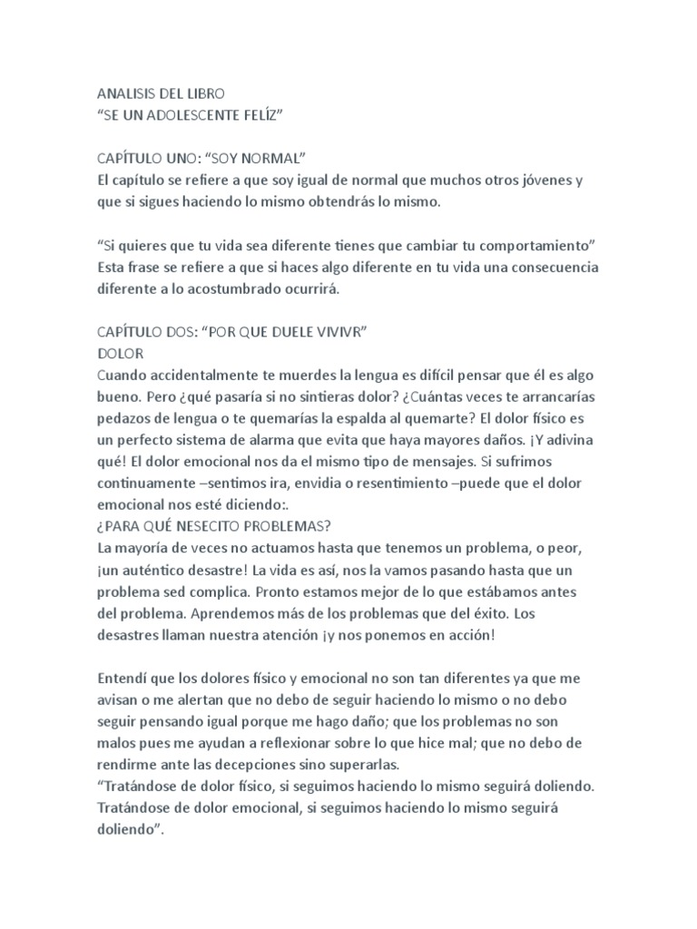 Resumen Del Libro "Se Un Adolescente Feliz " | PDF | Felicidad | Dolor