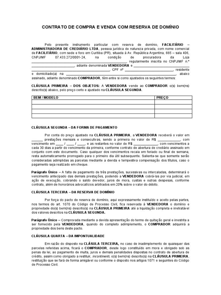 CONTRATO DE COMPRA E VENDA COM RESERVA DE DOMÍNIO - Facilitário | PDF ...