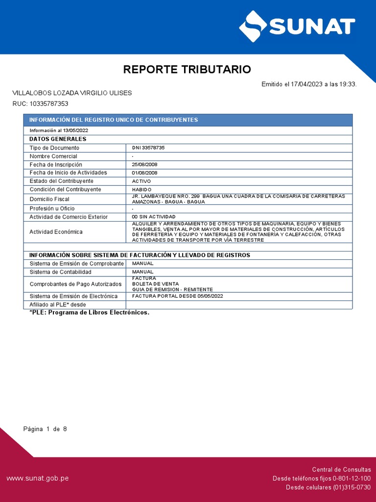 Reporte tributario detallado de Villalobos Lozada Virgilio Ulises | PDF ...