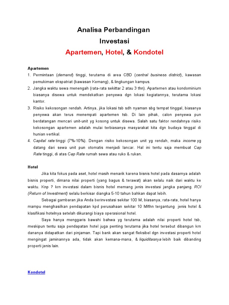 Analisa Perbandingan Apartemen, Hotel, Condotel | PDF