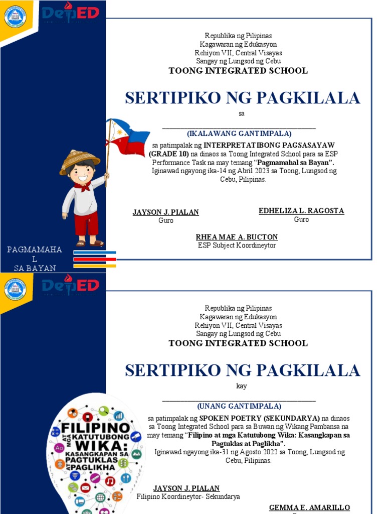 Sertipiko NG Pagkilala: Toong Integrated School | PDF