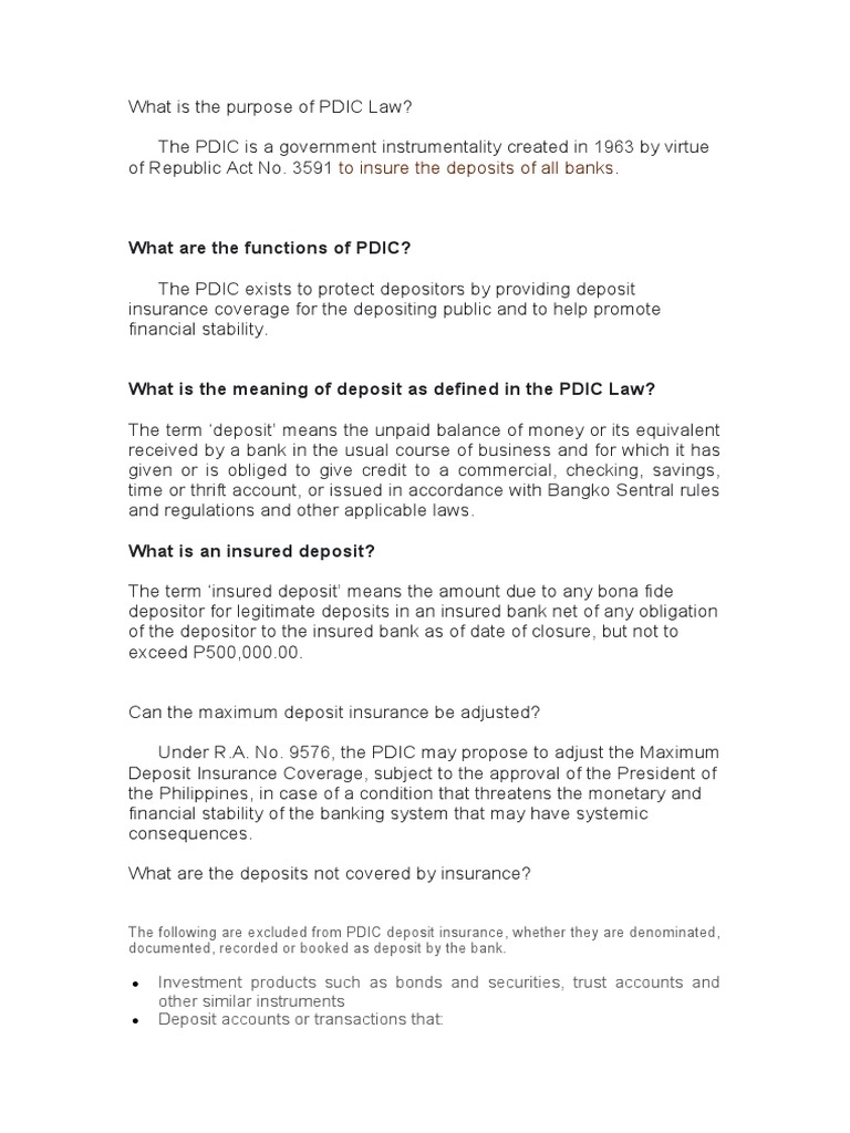 What Is The Purpose of PDIC Law | PDF | Deposit Account | Deposit Insurance