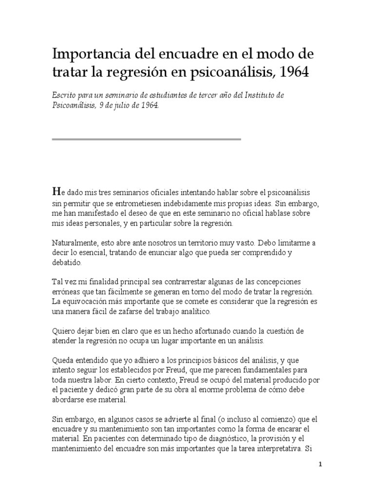 Winnicott - Importancia Del Encuadre en El Modo de Tratar La Regresión en Psicoanálisis | PDF ...