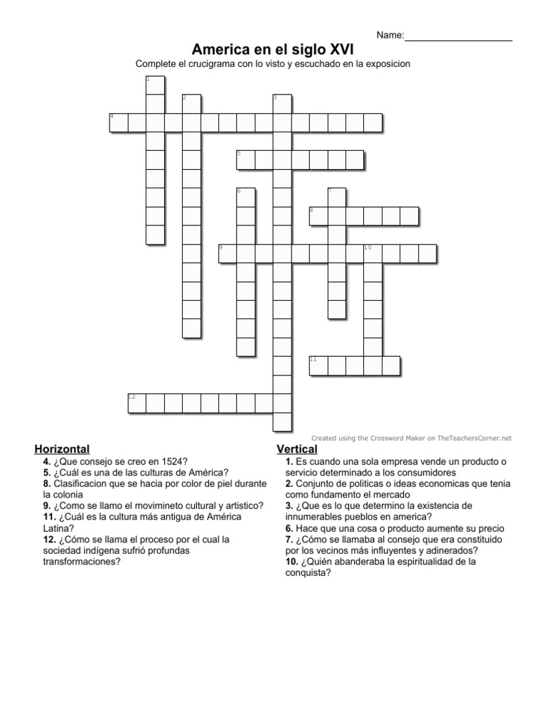 América en el siglo XVI: crucigrama sobre la colonización | PDF