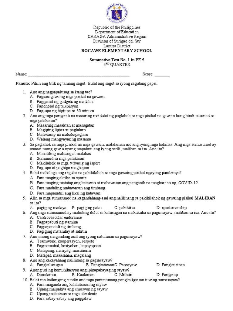 Bocawe Elementary School Summative Test No. 1 in PE 5 | PDF