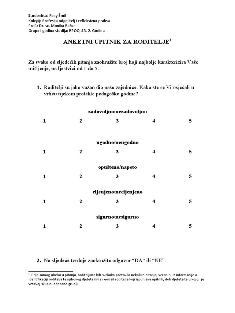 Anketni Upitnik Za Roditelje | PDF