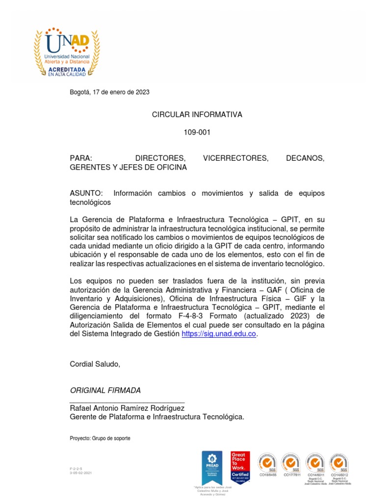 Circular Informativa Movimientos y Salida de Equipos | PDF