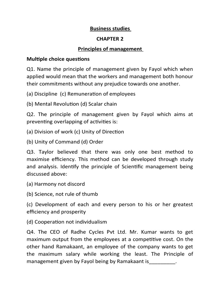 Business Studies Principles of Management Multiple Choice Questions ...