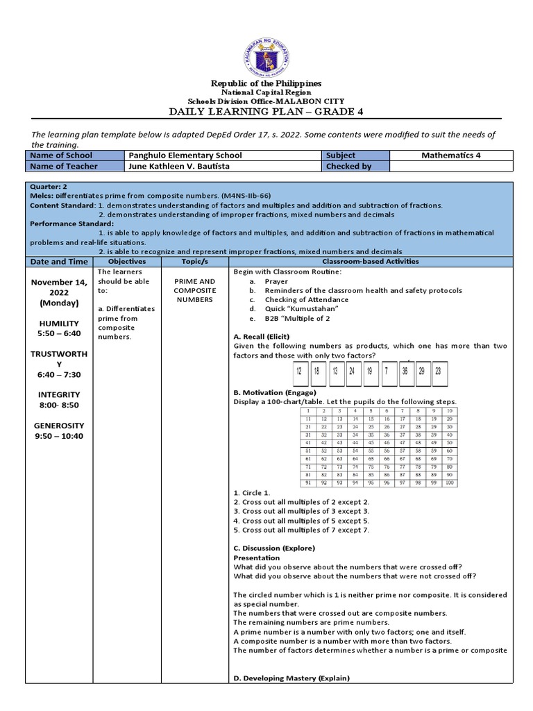 Daily Learning Plan - Grade 4 | PDF | Numbers | Mathematics