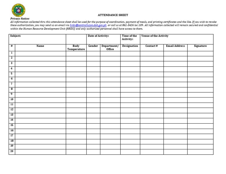 Attendance Sheet With Privacy Policy | PDF