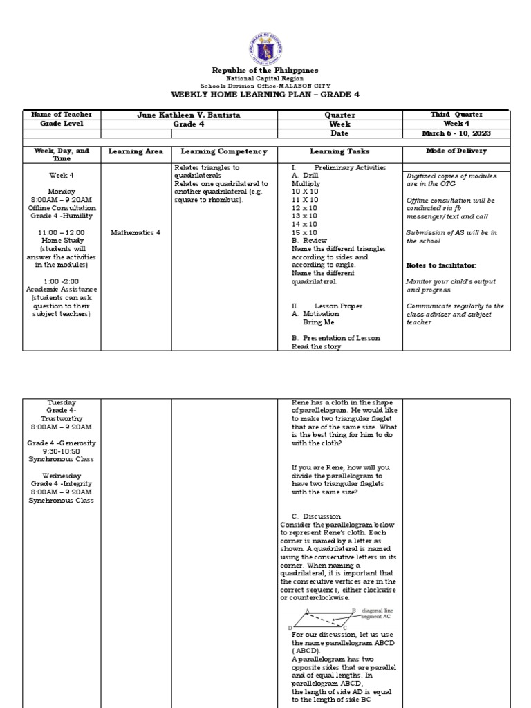 WEEKLY HOME LEARNING PLAN – GRADE 4 Mathematics | PDF | Rectangle | Elementary Geometry