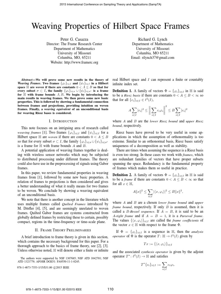 Weaving Properties of Hilbert Space Frames | Download Free PDF | Basis (Linear Algebra ...