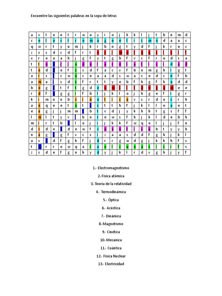 Sopa de letras: conceptos de física | PDF | Física | Mecánica cuántica