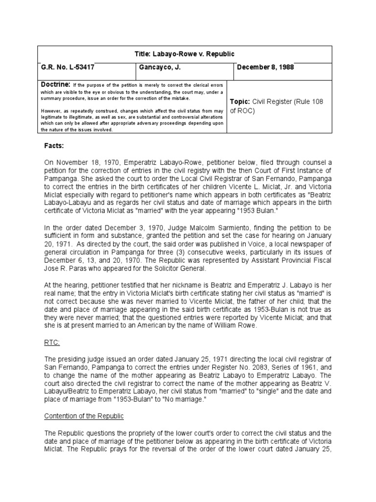 Civ Rev 1 Rowe Vs Republic | PDF | Birth Certificate | Public Law
