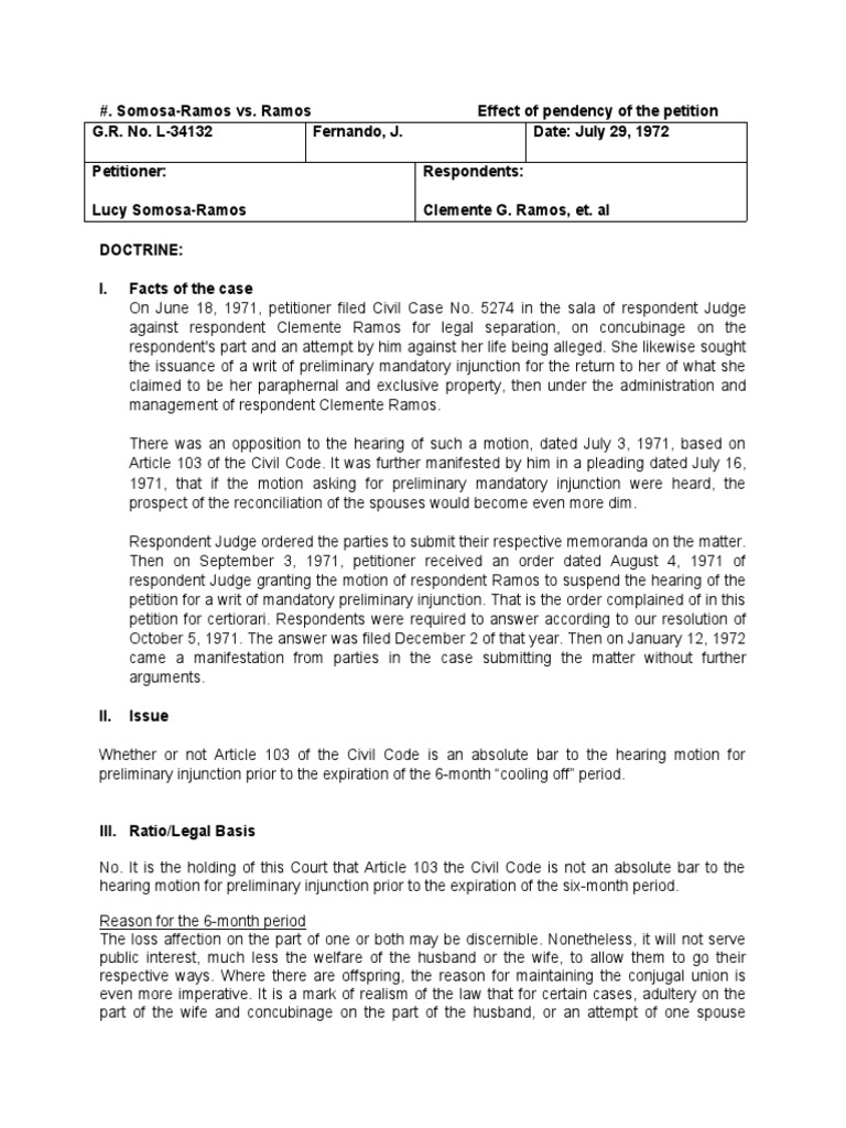 Civ Rev 1 Somosa vs. Ramos | PDF | Injunction | Husband