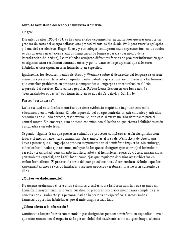 Mito De Hemisferio Derecho Vs Hemisferio Izquierdo Pdf Hemisferio