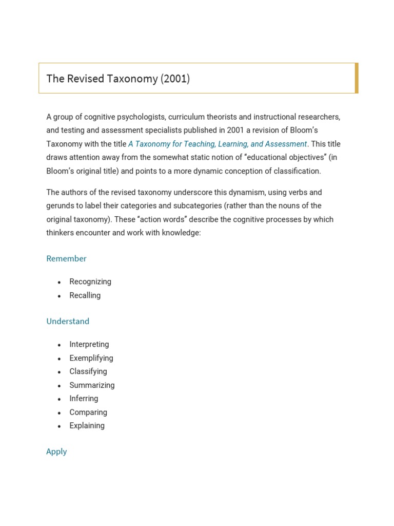 Revised Bloom's Taxonomy Overview | PDF | Knowledge | Cognition