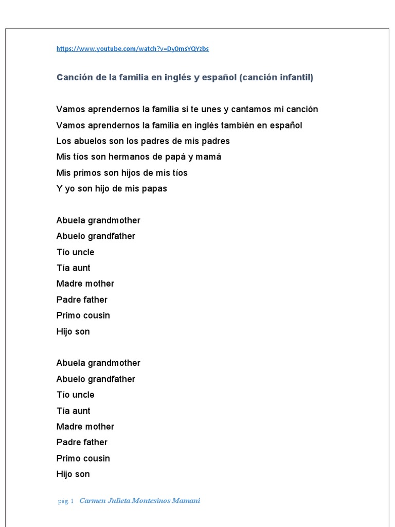 Cancion La Familia en Español e Inglés | PDF