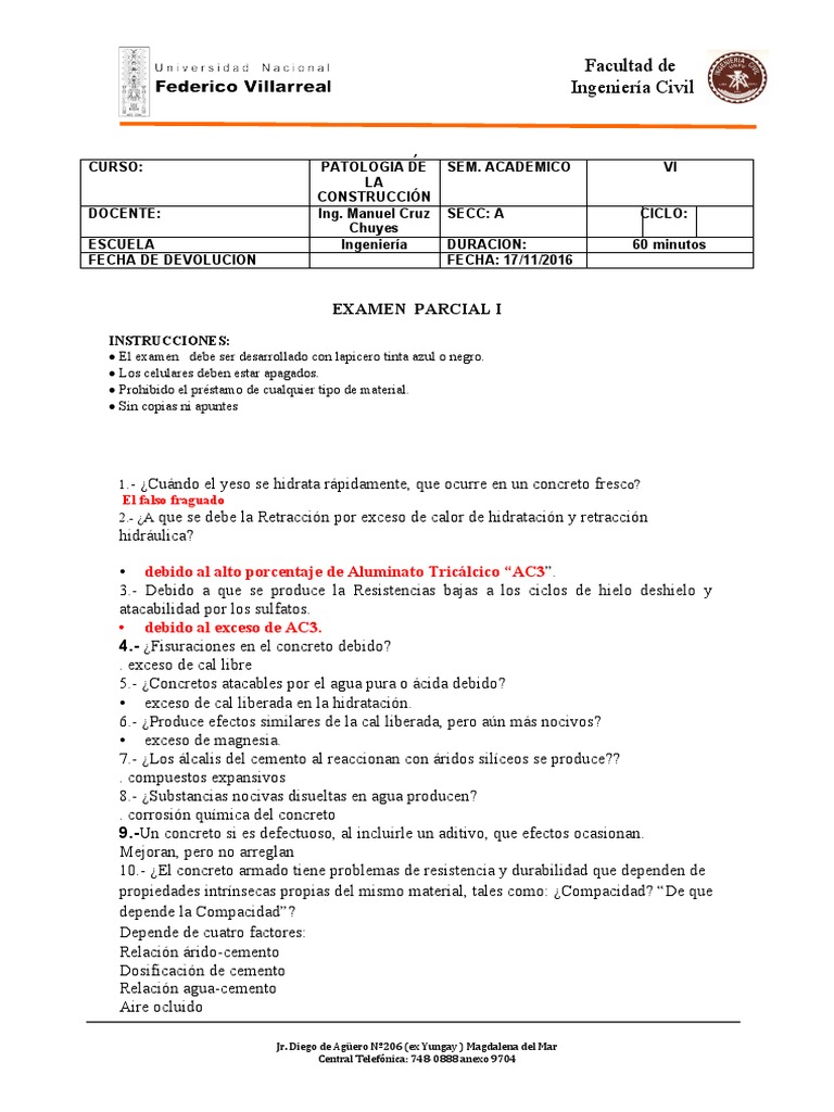 EXAMEN DE Patologia de La Construcción | PDF | Hormigón | Cemento