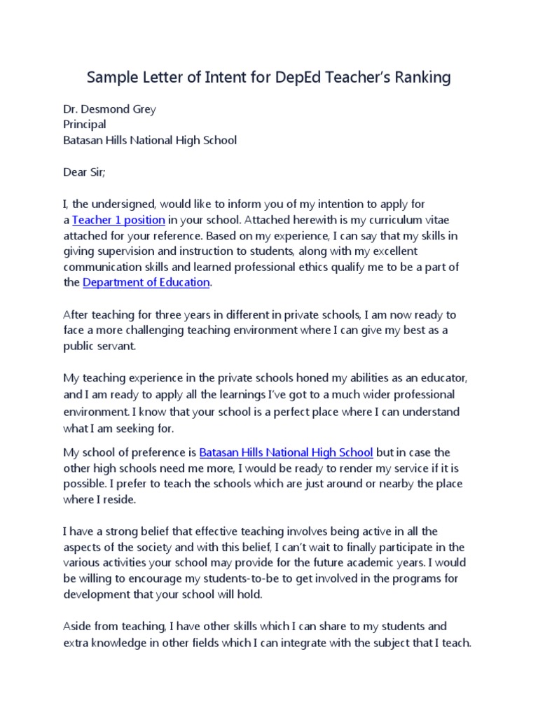 Sample Letter of Intent For DepEd Teacher | PDF | Teachers | Teaching