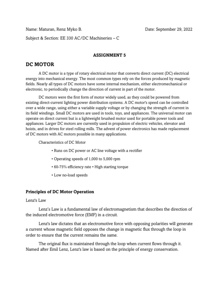 DC Motor: Assignment 5 | PDF | Electric Motor | Electromagnetic Induction