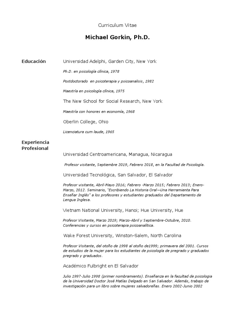 Curriculum Vitae de Michael Gorkin, Psicólogo Clínico y Académico | PDF | Sicología | Psicoterapia