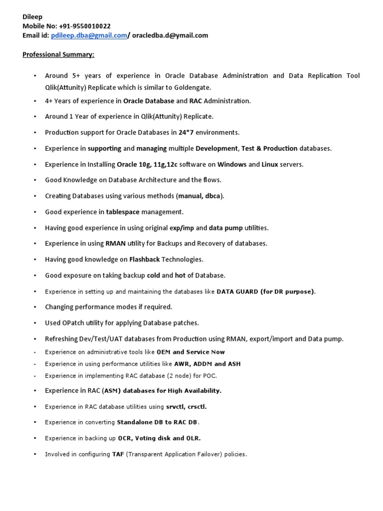 Dileep - DBA&Data Replication Qlik (Attunity) | PDF | Databases | Oracle Database