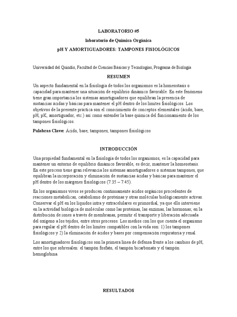 Informe Laboratorio Organica #5 | PDF | Solución tampón | Homeostasis