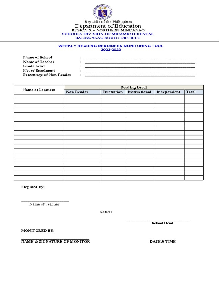 Weekly Reading Readiness Monitoring Tool Template | PDF