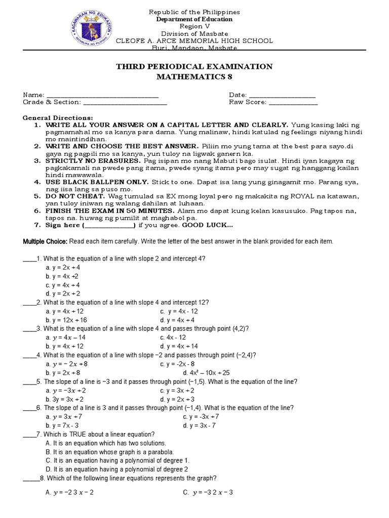 Third Periodical Examination Mathematics 8 | PDF | Equations | Function (Mathematics)