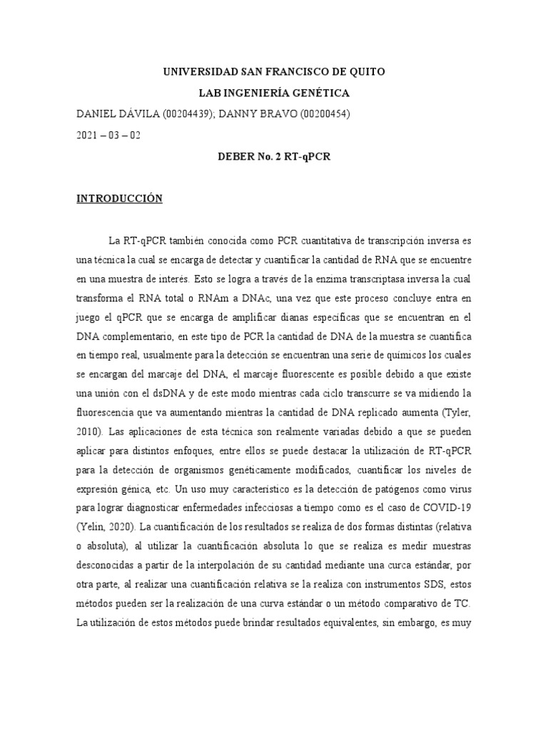 Ejercicios - RT-QPCR | PDF | Reacción en cadena de la polimerasa en tiempo real | Bioquímica