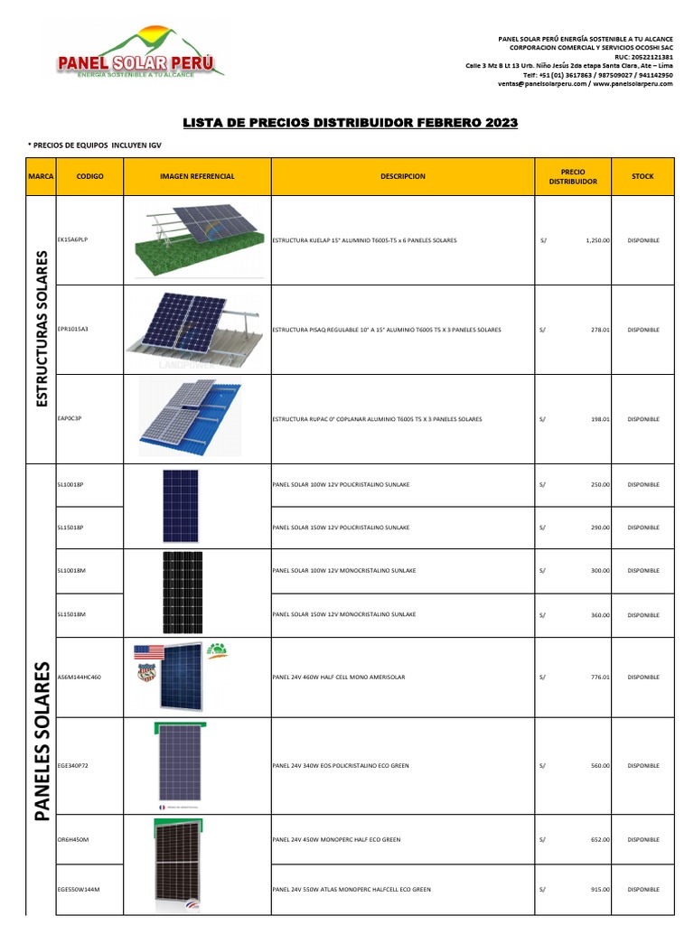 Lista de Precios Distribuidor Panel Solar Peru - Febrero 2023 | PDF | Energía renovable ...