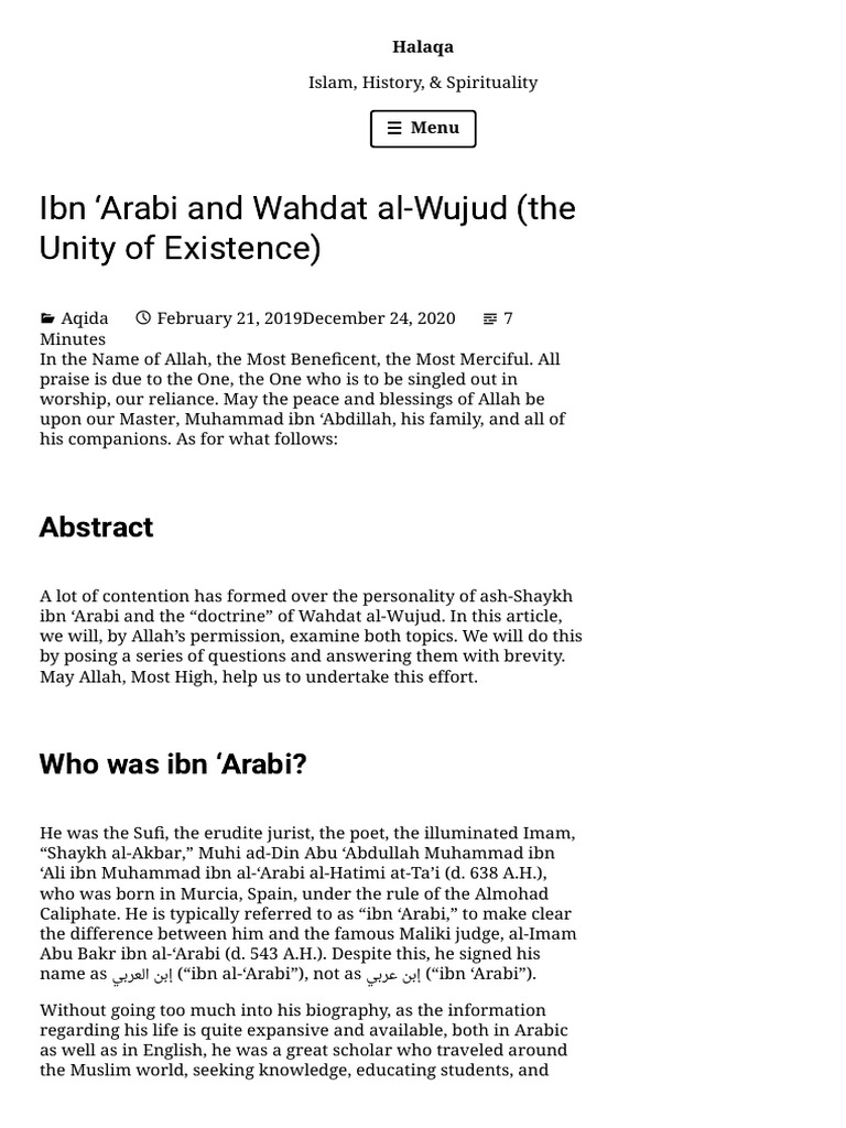 Ibn Arabi and Wahdat al-Wujud Explained | PDF | God In Islam | Islamic ...