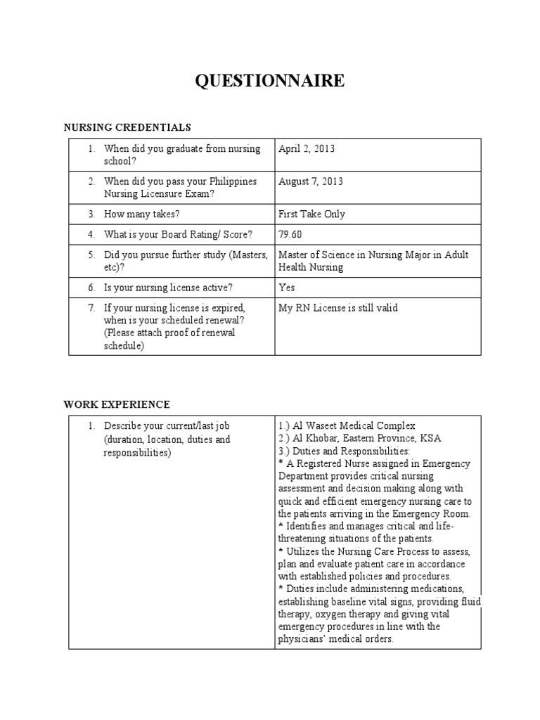 Questionnaire: Nursing Credentials | PDF | Emergency Department | Nursing