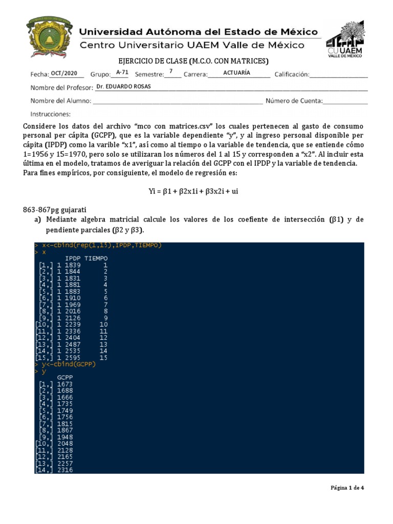 Ejercicio Mco Con Matrices | PDF | Análisis estadístico | Enseñanza de ...