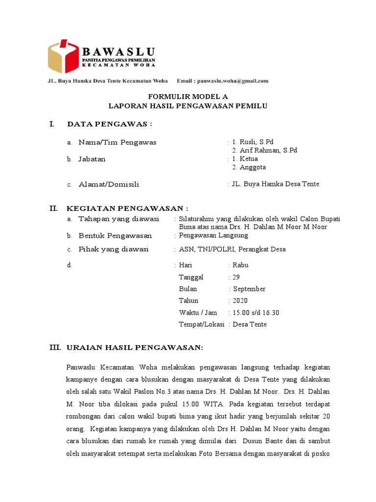 Formulir Model A Laporan Hasil Pengawasan Pemilu I. Data Pengawas | PDF