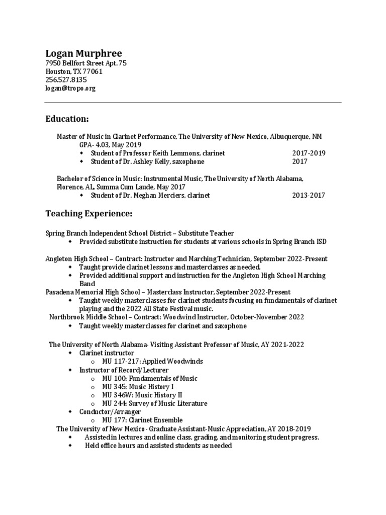 Clarinet Instructor & Music Educator Resume | PDF