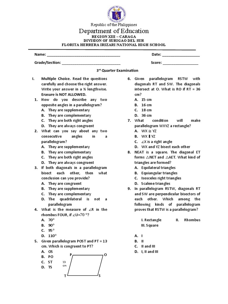 3rd Quarter Exam: Geometry Concepts | PDF | Rectangle | Triangle