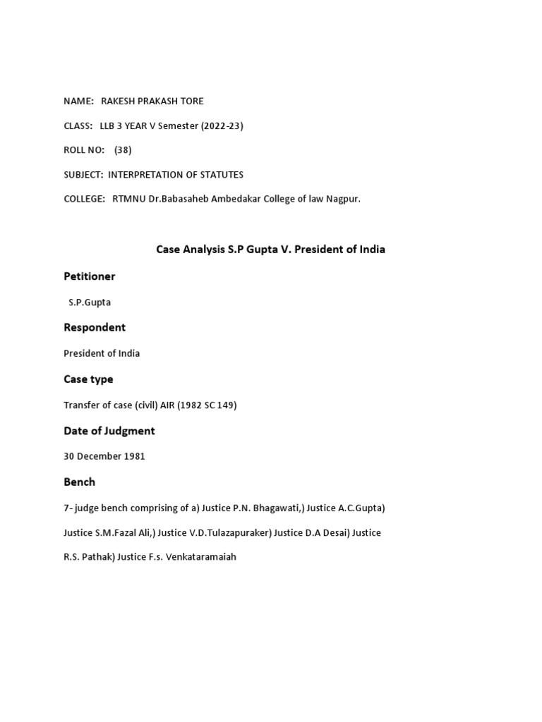 Case Analysis S.P Gupta V. President of India Petitioner | PDF ...