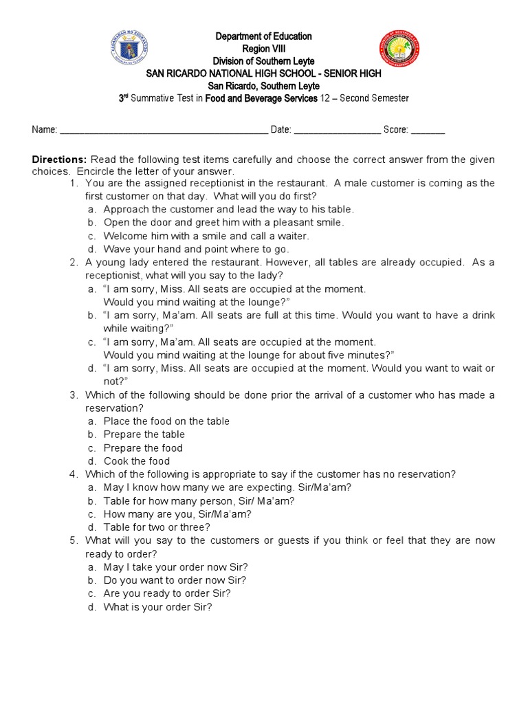 Food and Beverage Services Exam | PDF | Waiting Staff | Restaurants