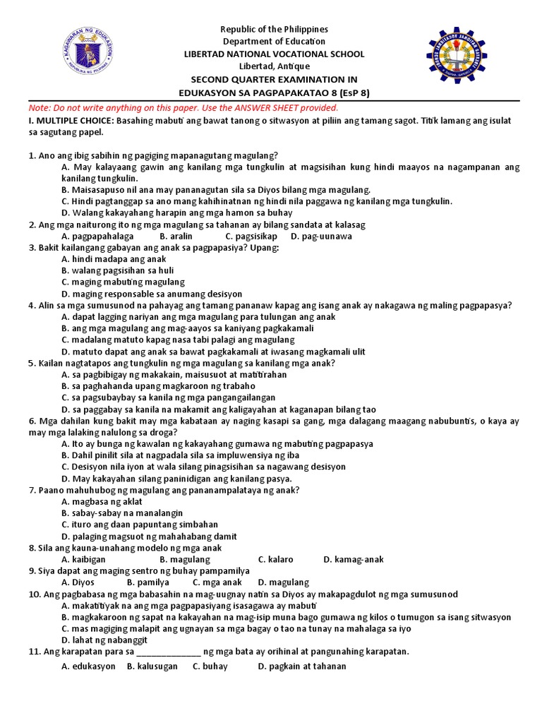 Second Quarter Exam in EsP 8 | PDF