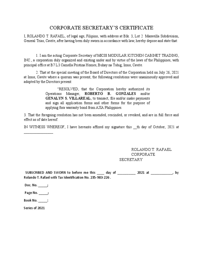 Corporate Secretary Certification | PDF