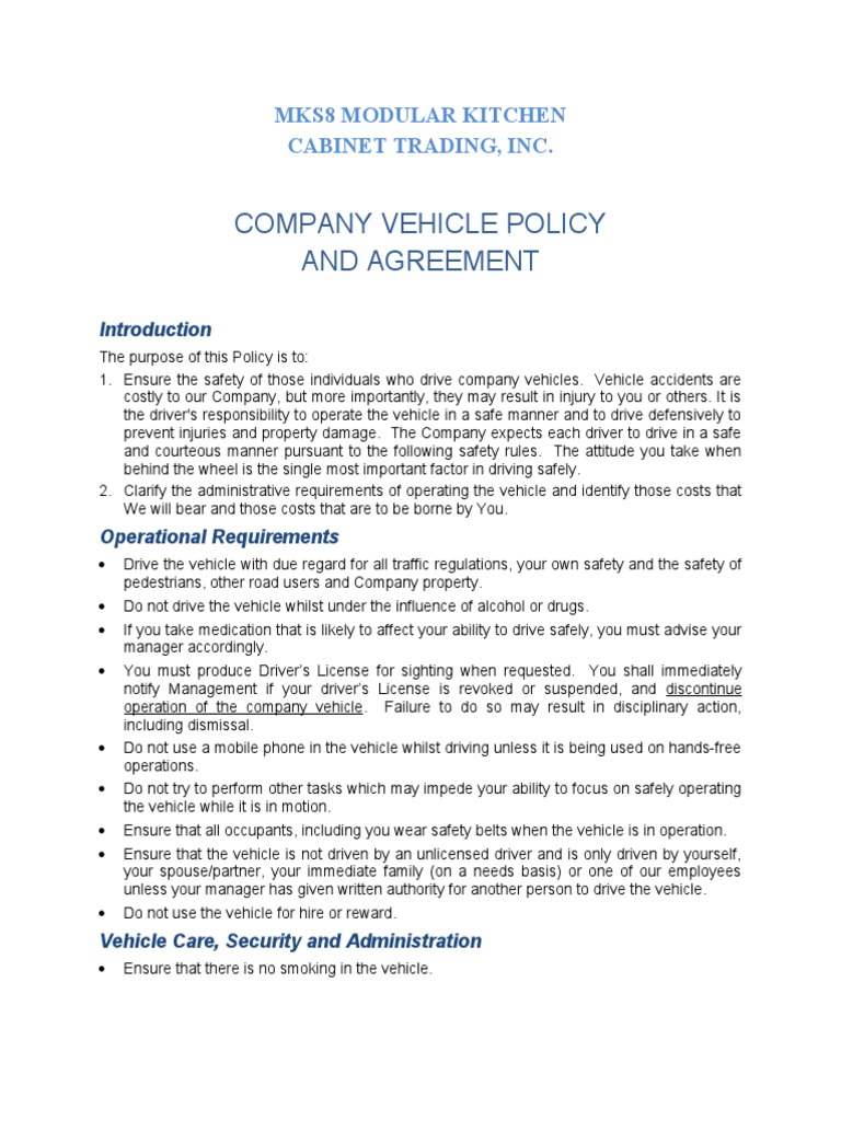 Company Vehicle Policy Overview | PDF | Traffic Collision | Driving ...