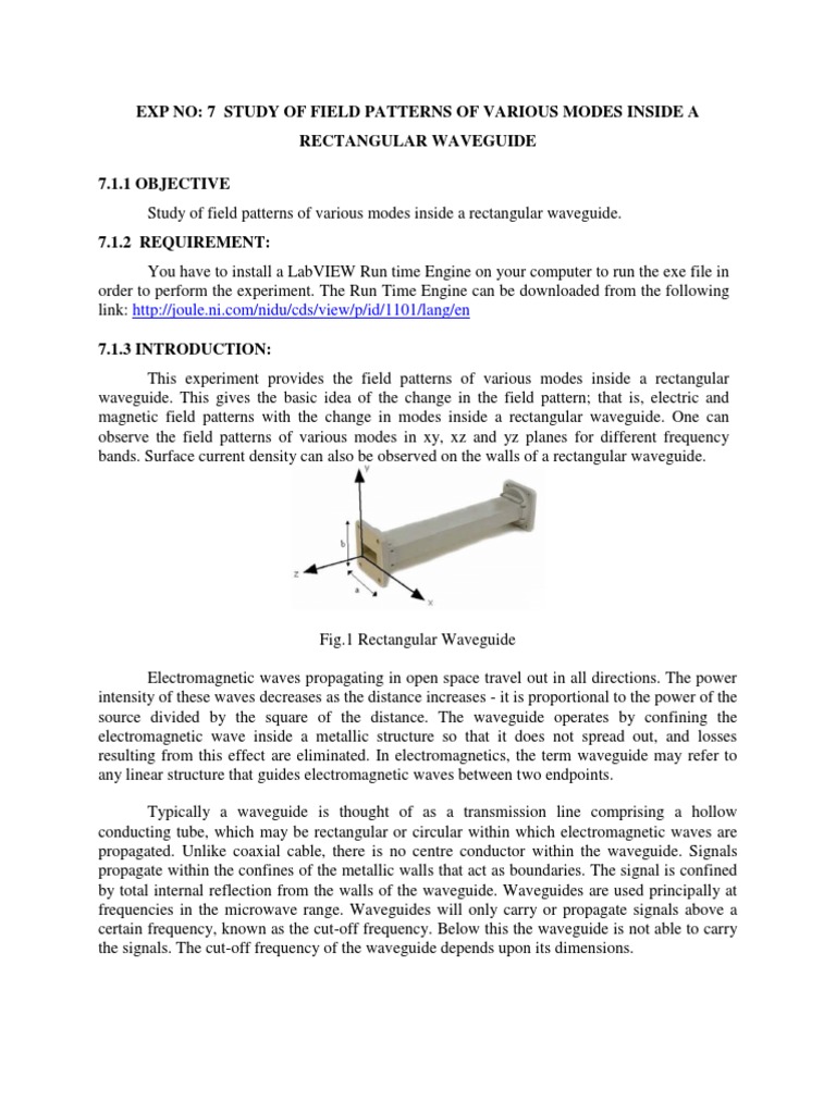 Exp 7 Field Pattern Rectangular Waveguide | PDF | Waveguide | Electromagnetic Radiation