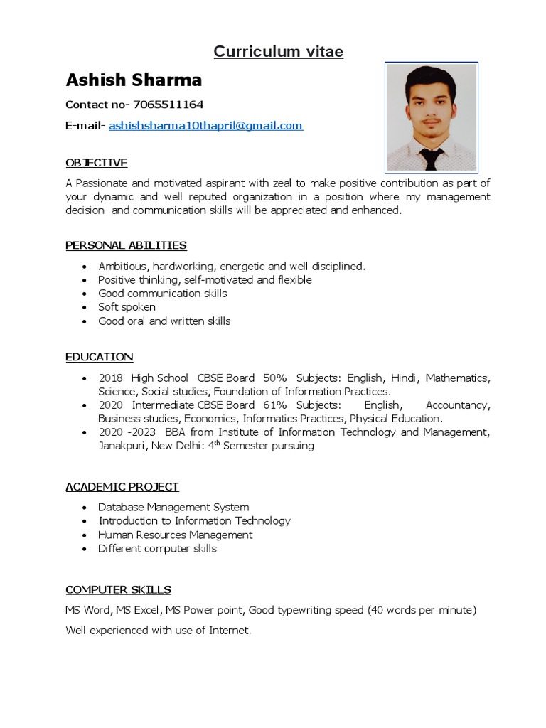 Ashish Sharma BBA Resume | PDF