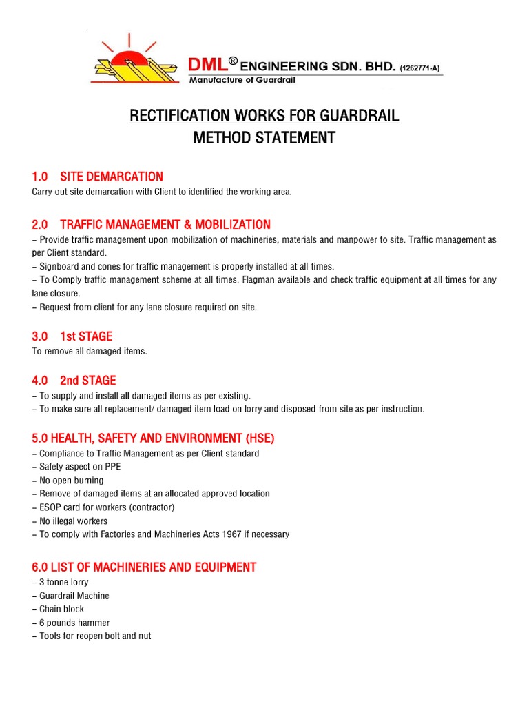 DML Method Statement of Guardrail Installation | PDF