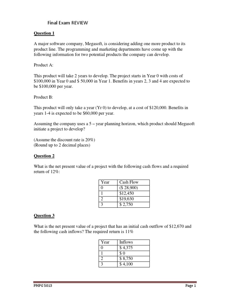 Final Exam Review Part 1 | PDF | Net Present Value | Discounted Cash Flow Final Exam Review Part 1 | PDF | Net Present Value | Discounted Cash Flow