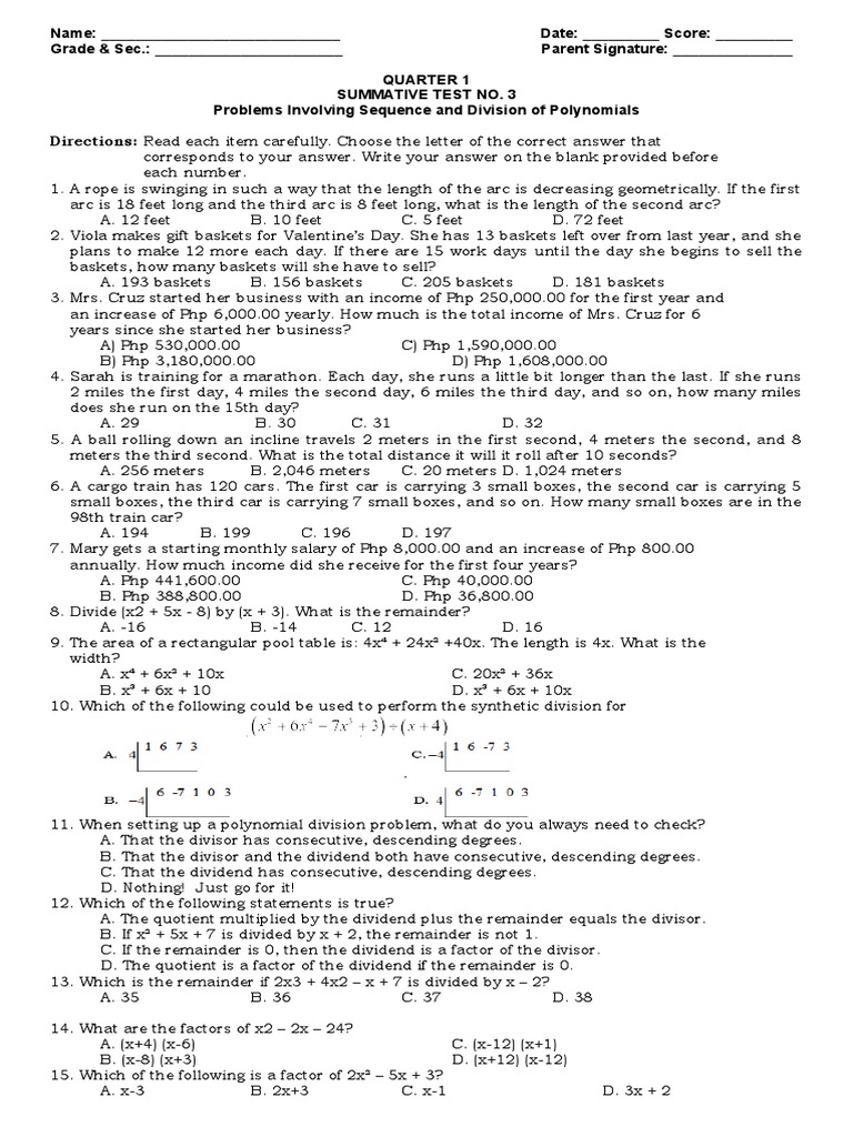 Sumamtive Test No. 3 Grade 10 Quarter 1 Week 5 and 6 | PDF | Division ...
